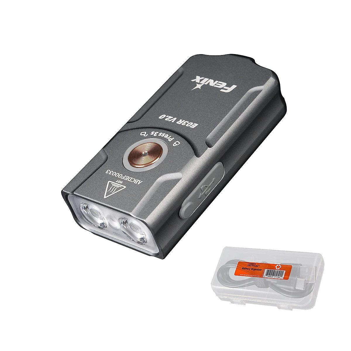 Fenix E03R v2.0 Keychain Flashlight, Grey, 500 Lumen Bright USB-C Rechargeable EDC with Red LED and Lumentac Organizer (Grey)