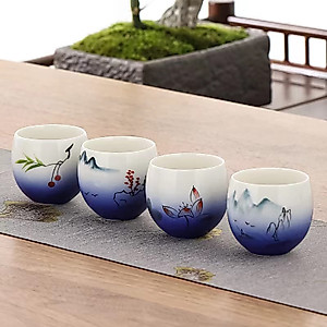MQjzsh Hand drawn Chinese Japanese style traditional ceramic tea cup set of four, tea set, kung fu tea cup, coffee cup (blue 1)