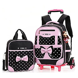 Bowknot Kids Rolling School Backpack 2Pcs Polka Dot Princess Style Trolley Bookbag on Six Wheels