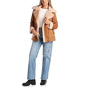 Steve Madden Women's Winter Coat - Faux Leather Moto Biker Jacket - Faux Shearling Lined Heavyweight Jacket for Women, S-XL, Size Large, Cognac