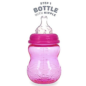 Nuby 3 Stage Tritan Wide Neck Grow with Me No-Spill Bottle to Cup, Pink, 5", 8 Oz