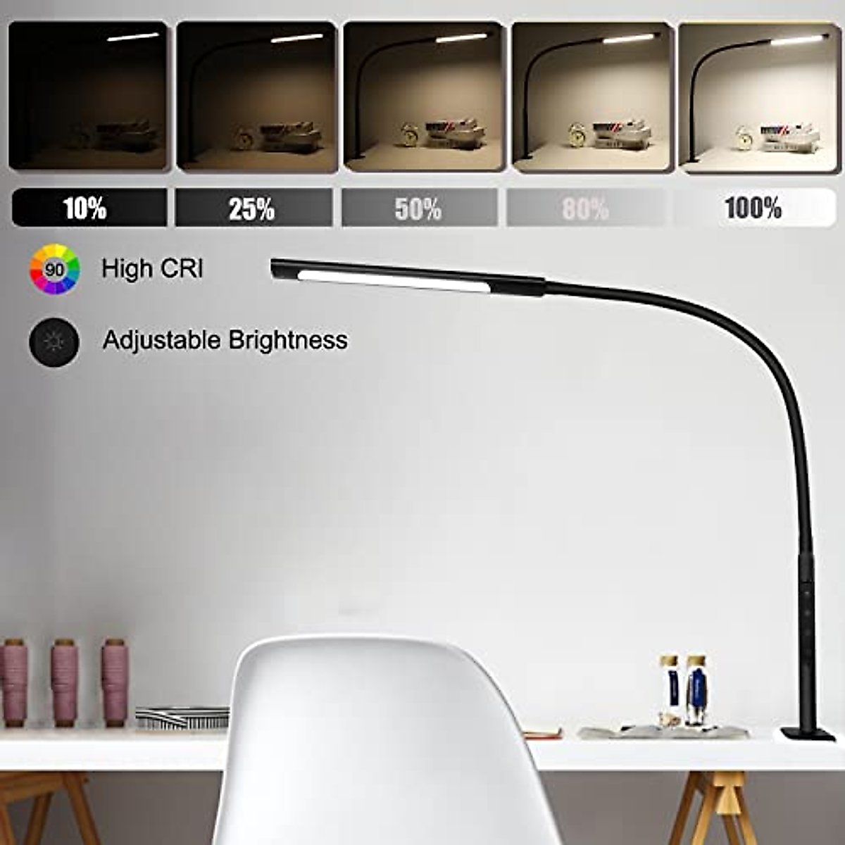 AmazLit Desk Lamp, Eye-Caring Desk Light, Gooseneck Lamp with Clamp, Adjustable Color Temperature & Brightness, Clip on Lamp with Memory & Timer Function, Clamp Lamp for Home Office, 12W, Black