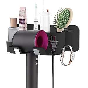Hair Dryer Holder Wall Mounted - Bathroom Hair Tools Organizer with Hooks and Cup for Blow Dryer and Hair Straighteners - Bath Supplies Tray Stand Makeup Toiletries Storage Bracket for Space Saving