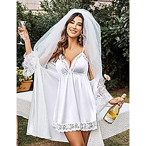 Avidlove Women Satin Lingerie Nightgown Sexy Silk Nighty Lace Babydoll Chemise White M