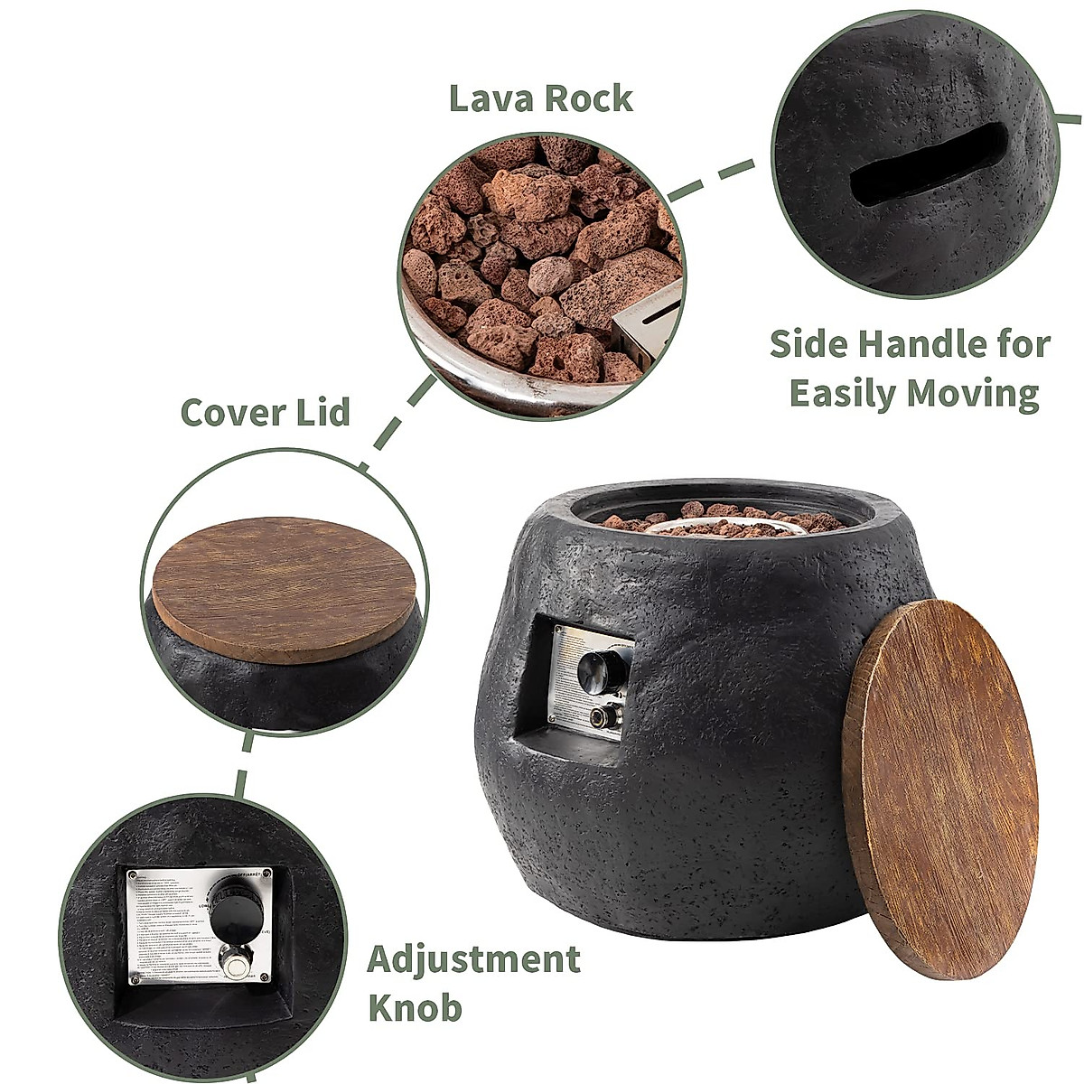 COSIEST Outdoor Propane Fire Pit w 23" Faux-Stone Base, Jar Shaped Fire Table w 40,000 BTU Stainless Steel Burner, Free Lava Rocks, Faux-Wood lid, Waterproof Cover for Coffee Table, Stool (Black)