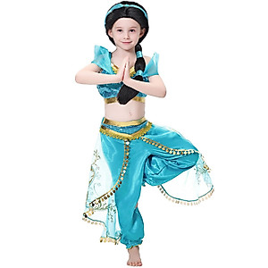 Tacobear Jasmine Costume for Girls Arabian Sequined Jasmine Dress up with Wig Tiara Wand Cosplay for Kids (130(5-6T), 01 Jasmine Costume with Wig)