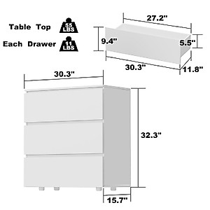 Homsee Modern 3-Drawer Dresser Chest, Wooden Dresser Tower with Wide Storage Space, 30.3" L Dresser Closet for Living Room Bedroom Hallway (White)