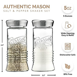 MosJos Mason Jar Salt and Pepper Shaker - Rustic Glass Condiment Dispenser Set with Metal Iron Caps. 5 Ounce Capacity Vintage Mason Jars. (Original Mason Salt & Pepper Shaker)