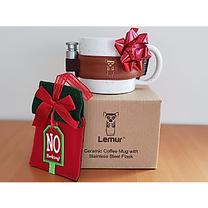 Lemur Ceramic Coffee Mug with Stainless Steel Flask - 12 oz White Speckled Mug, 1 oz Hip Flask Attached with Leather Strap