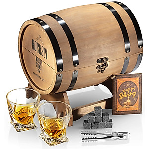 ROCKSLY Full Barrel BAR Set: Men’s Premium Whiskey Stones Gift Box, Wood Case & Stand, 2 Glasses, 8 Stones, Tongs, Carry Bag, & Cocktail Cards, 14 Pcs