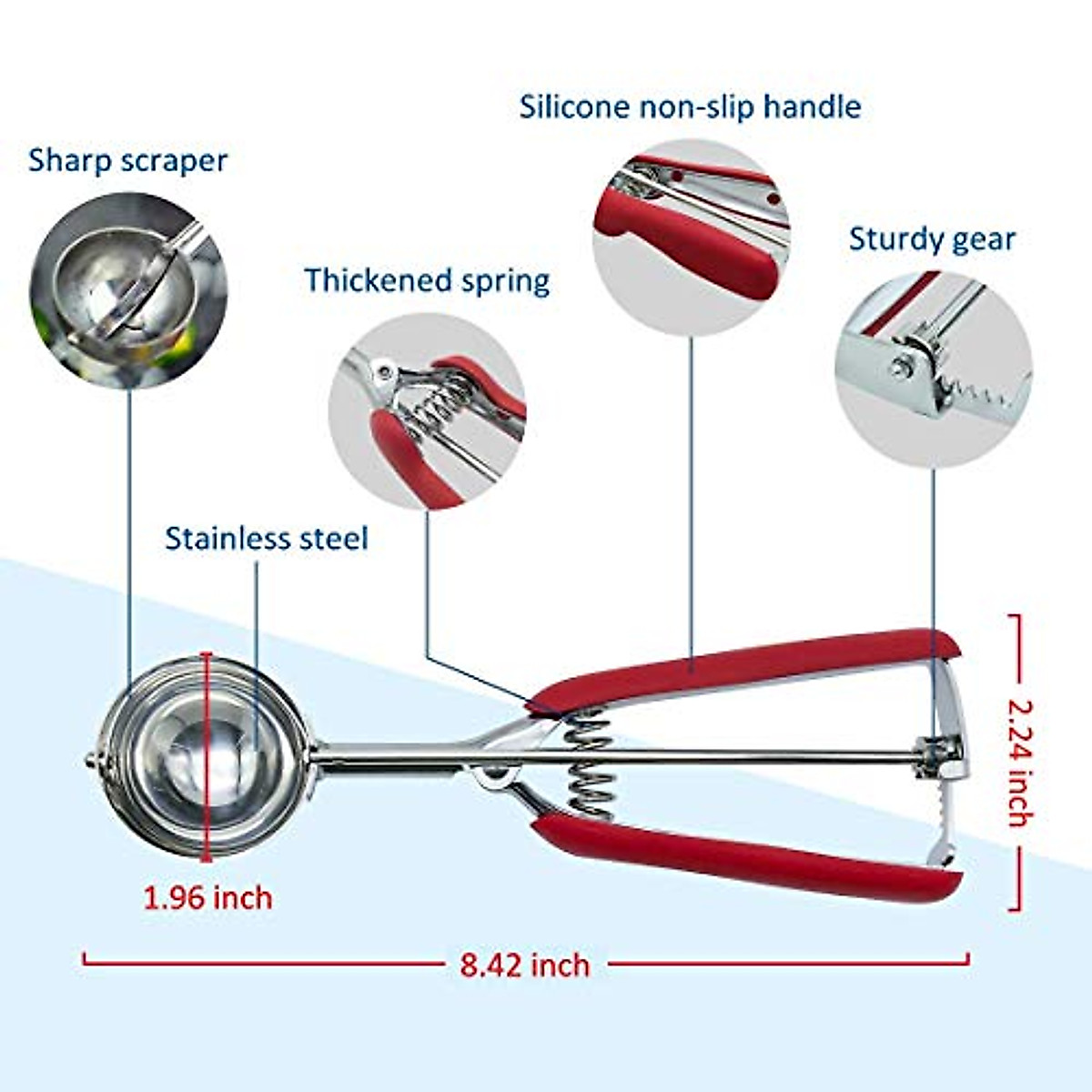 HEGO YUM Cookie Scoop,Ice Cream Scoop,3PCS Stainless Steel 1.5/2/3Tablespoon ice cream scooper,Red Rubber Grips Design,Durable and Effortless,for Ice Cream,Melon Baller and Baking(20#M/30#L/40#L)