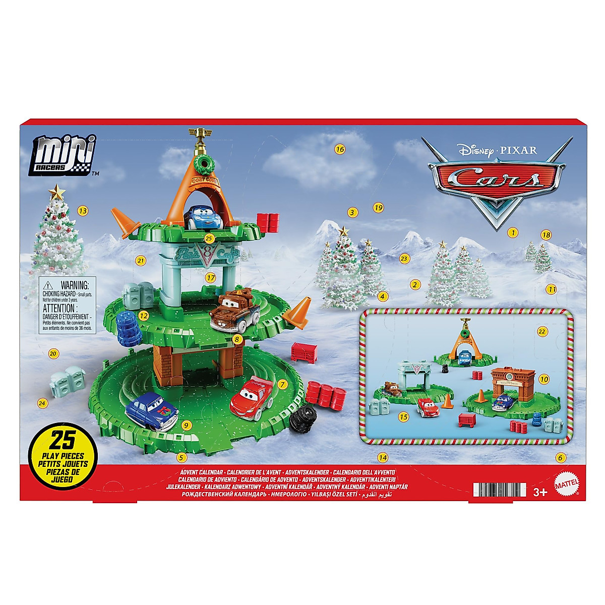 Mattel Disney and Pixar Cars Mini Racers Advent Calendar, 25 Surprises Include 4 Mini Toy Cars & Reconfigurable Playset