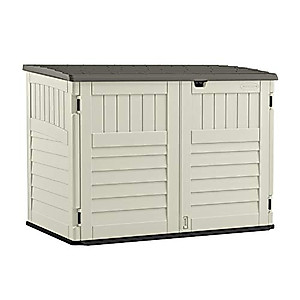 Suncast 5. 4 ft. x 3. 2 ft Horizontal Stow-Away Storage Shed - Natural Wood-Like Outdoor Storage for Trash Cans and Yard Tools & iPower 7 Inch Shutter Exhaust Fan Aluminum, 1680 RPM, 760 CFM, Silver