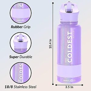 Coldest Sports Water Bottle with Straw Lid Vacuum Insulated Stainless Steel Metal Thermos Bottles Reusable Leak Proof Flask for Sports Gym(32 oz, Saturns Moon Purple Glitter)
