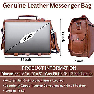 ANUENT Real Leather Messenger Bag for Men and Women Vintage Computer Laptop Briefcase Satchel Crossbody Work Bags (Brown) (18 inch)