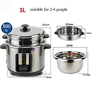 ZHUIYI Rice Cooker (2-6L) 304 Stainless Steel Inner Pot, Intelligent Insulation, Make Rice & Steam Food & Vegetables, 220-240V US/EU Power(3L)