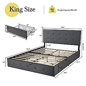 HOOMIC King Size Platform Bed Frame with 4 Storage Drawers, Adjustable Headboard, Square Stitched Button Tufted Design with Wooden Slats, No Box Spring Needed, Dark Grey