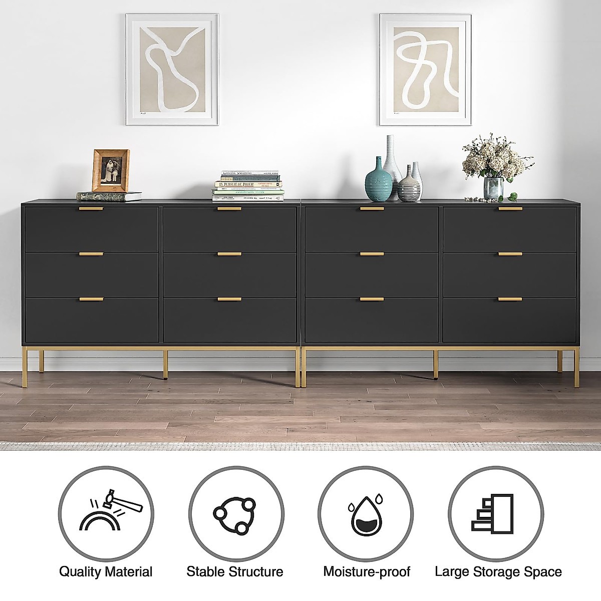 Anmytek Modern 6 Drawer Dresser, Black Dressers for Bedroom, Chest of Drawers Closet Organizers and Wood Storage Clothes, Black Dresser with Golden Handles for Living Room, Hallway