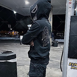 Y2K Demon Rhinestone graphics zip Hooded Sweatshirt Men's hoodies Harajuku Goth Oversized hoodie Grunge (Black,M,womens,Female,US,Alpha,Adult,Medium,Regular,Regular)