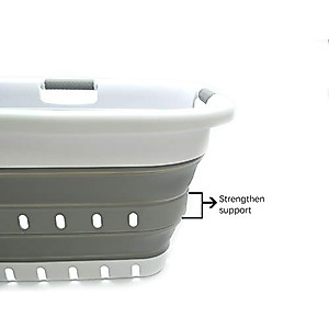 SAMMART 41L (10.8 gallon) Collapsible 3 Handled Plastic Laundry Basket - Foldable Pop Up Storage Container/Organizer - Portable Washing Tub - Space Saving Hamper/Basket (3 handled rectangular, White/Grey)