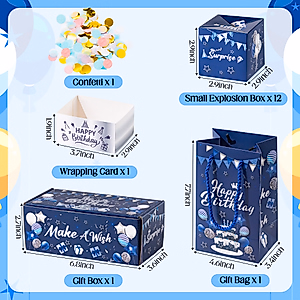 WATINC Surprise Gift Box Explosion - 16pcs Birthday Surprising Gift Boxes Exploding for Money, 12 Bounces Money Boxes Explosion with Confetti, Blue Pop Out Cash Holder for Bday Party Supplies
