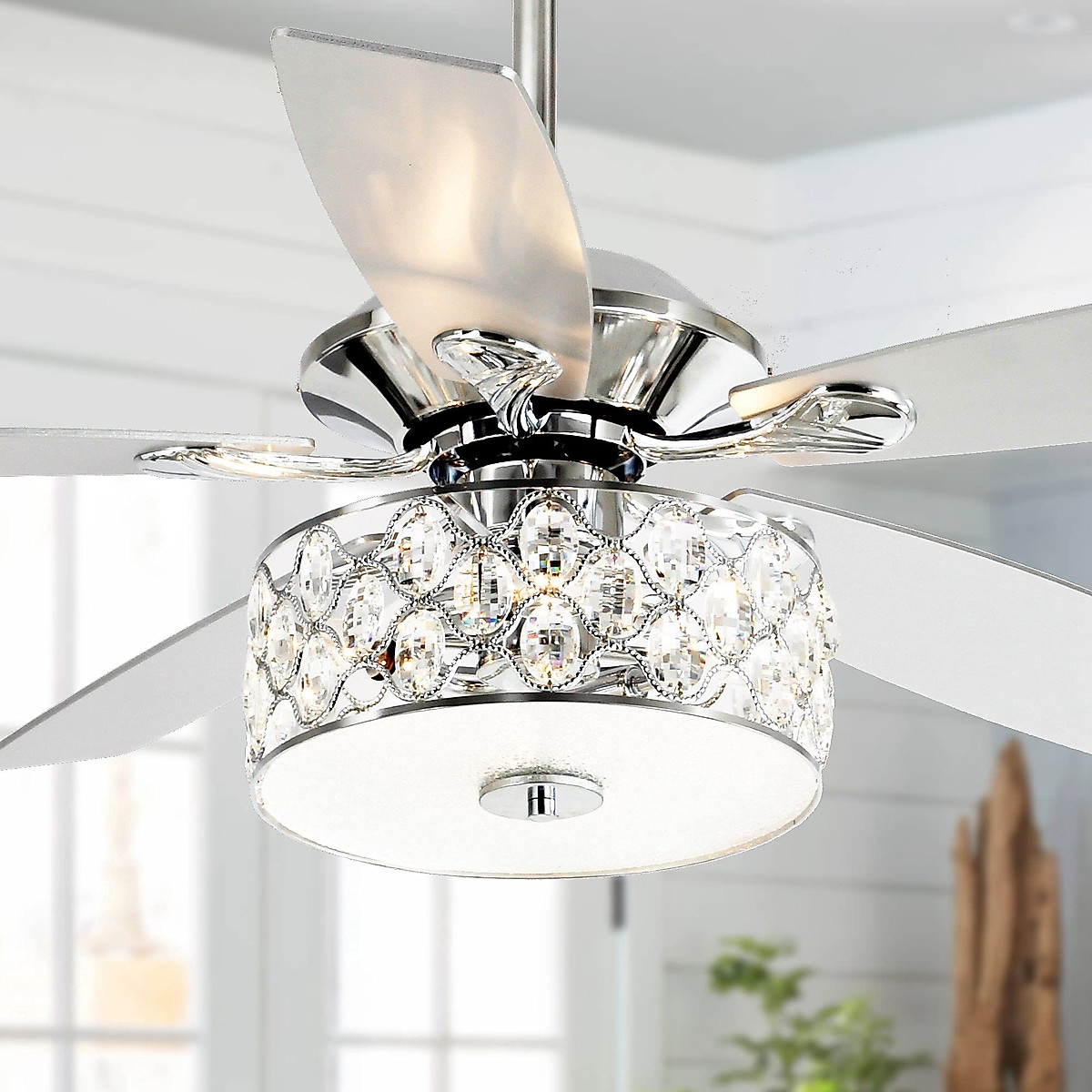 Parrot Uncle Ceiling Fans with Lights and Remote 52 Inch Chandelier Ceiling Fan with Light for Bedroom, Reversible Motor, 3 Speeds, Timer, Silver