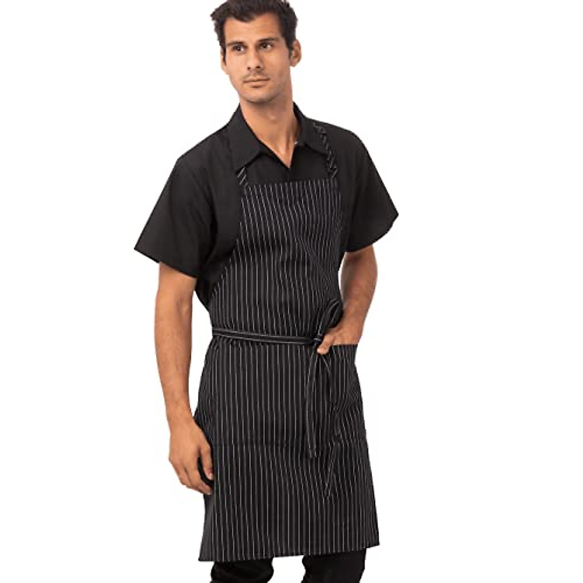Chef Works Unisex Adjustable Bib Apron, Black W/ Wht Pinstripe, One Size