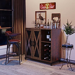 FROMJBEST Wine Bar Cabinet, Industrial Coffee Bar Cabinet with 2 Door and Shelf, Glass Holder, Accent Storage Cabinet, Buffet Sideboard for Dining Room, Kitchen