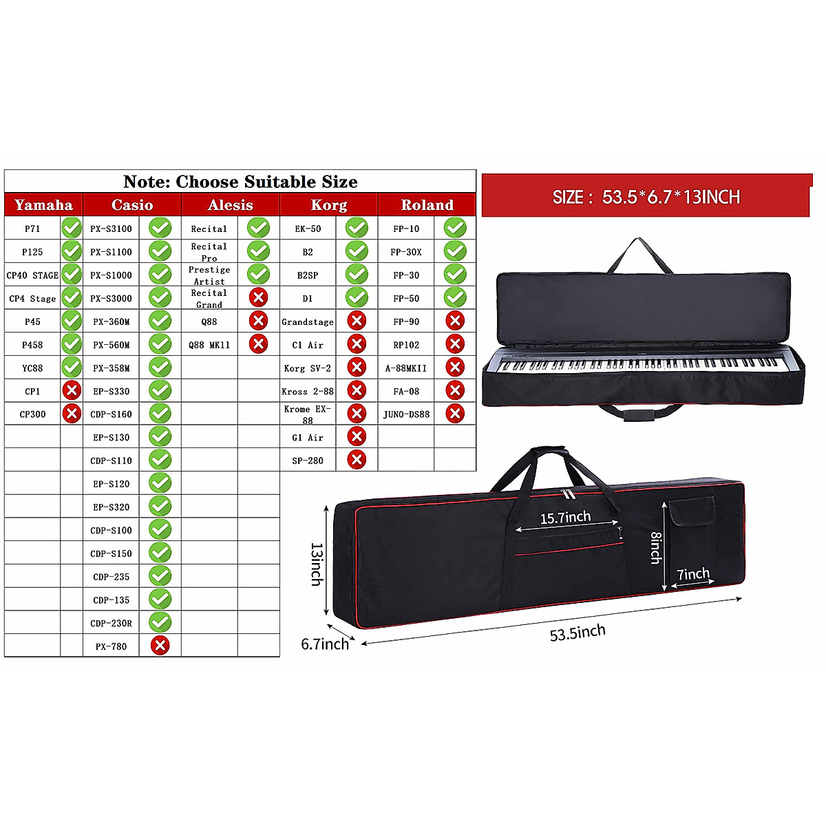 Monkeysell 88 Key Keyboard Case, Keyboard Gig Bag with 2-Pocket Keyboard Bag,600D Durable Oxford Inside Padded Full Coverage Dust for Protect Digital Piano Covers 88 keys 53.5"x13" x 6.7"…