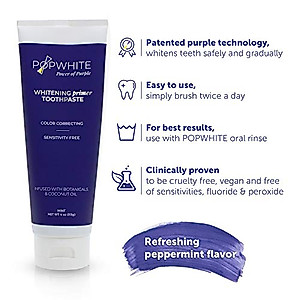 POPWHITE Purple Power Duo Natural Teeth Whitening with 4 oz Primer Toothpaste and 16.9 oz Whitening Toner Oral Rinse, Vegan and PETA Certified, Mint Flavor, USA Made