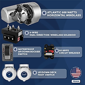 Five Oceans Horizontal Windlass Anchor System, Windlass Atlantic 600 Watts, 12V DC, Max Limit Pulling Power 1200 Lb, Solenoid, 60A Circuit Breaker, Up/Down Foot Switch and Rocker Switch - FO3930