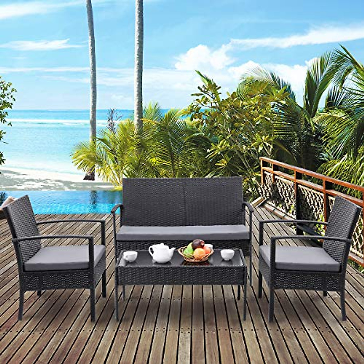 Casart Set of 4 Modern Wicker Rattan Conversation Set, Outdoor Patio Furniture Set for Yard, Garden and Poolside