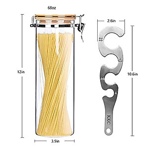 KKC HOME ACCENTS Glass Pasta Storage Container with Measuring Tool,Glass Spaghetti Storage Jar,Noodle Pasta Spaghetti holder Container,Tall Glass Storage Container Bamboo Lid,68 Floz