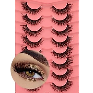 False Eyelashes Natural Mink Lashes 15mm Wispy Curl Eyelashes 5D Fluffy Volume Cat Eye Fake Lashes Pack 8 Pairs by Yawamica