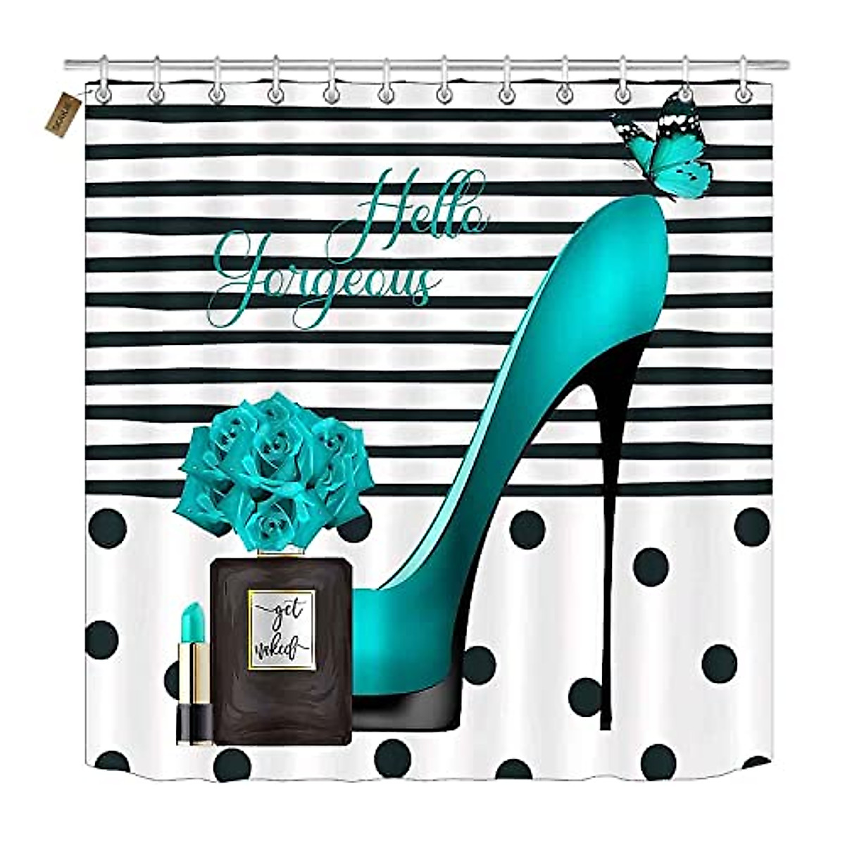 SKAILIÉ 4PCS Teal High Heels Shower Curtain Set, Hello Gorgeous Turquoise Rose Butterfly Lipstick Perfume Makeup Black and White Striped Polka Dot Modern Fashion Girl Bathroom Decor, Non-slip Bath Mat