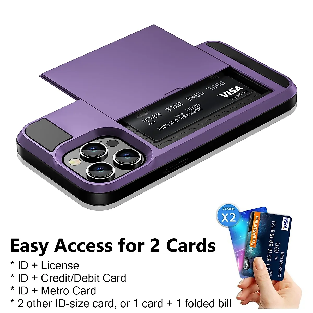 Vofolen for iPhone 14 Pro Max Case Wallet Credit Card Holder ID Slot Sliding Door Hidden Pocket Men Women Anti-Scratch Dual Layer Hybrid Bumper Armor Protective Shell Back Cover GreyPurple 6.7 inch