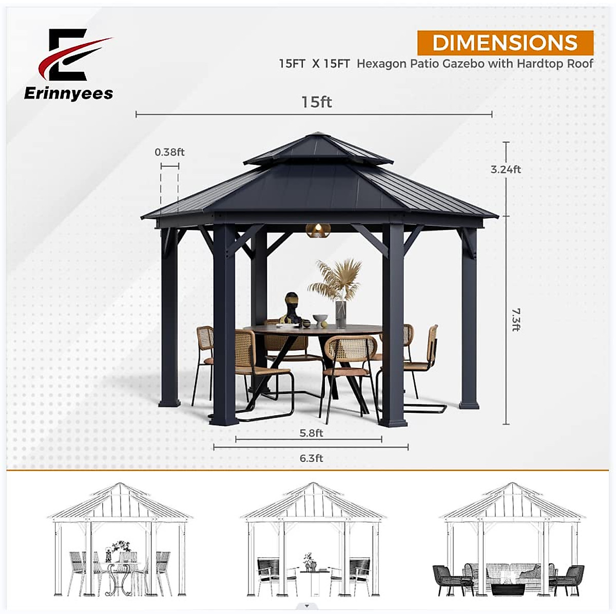Erinnyees 15' x 15' Hardtop Gazebo, Hexagonal Gazebo with Galvanized Steel Double Roof, Aluminum Frame, Patio Gazebo for Deck, Backyard, Patio, Lawns