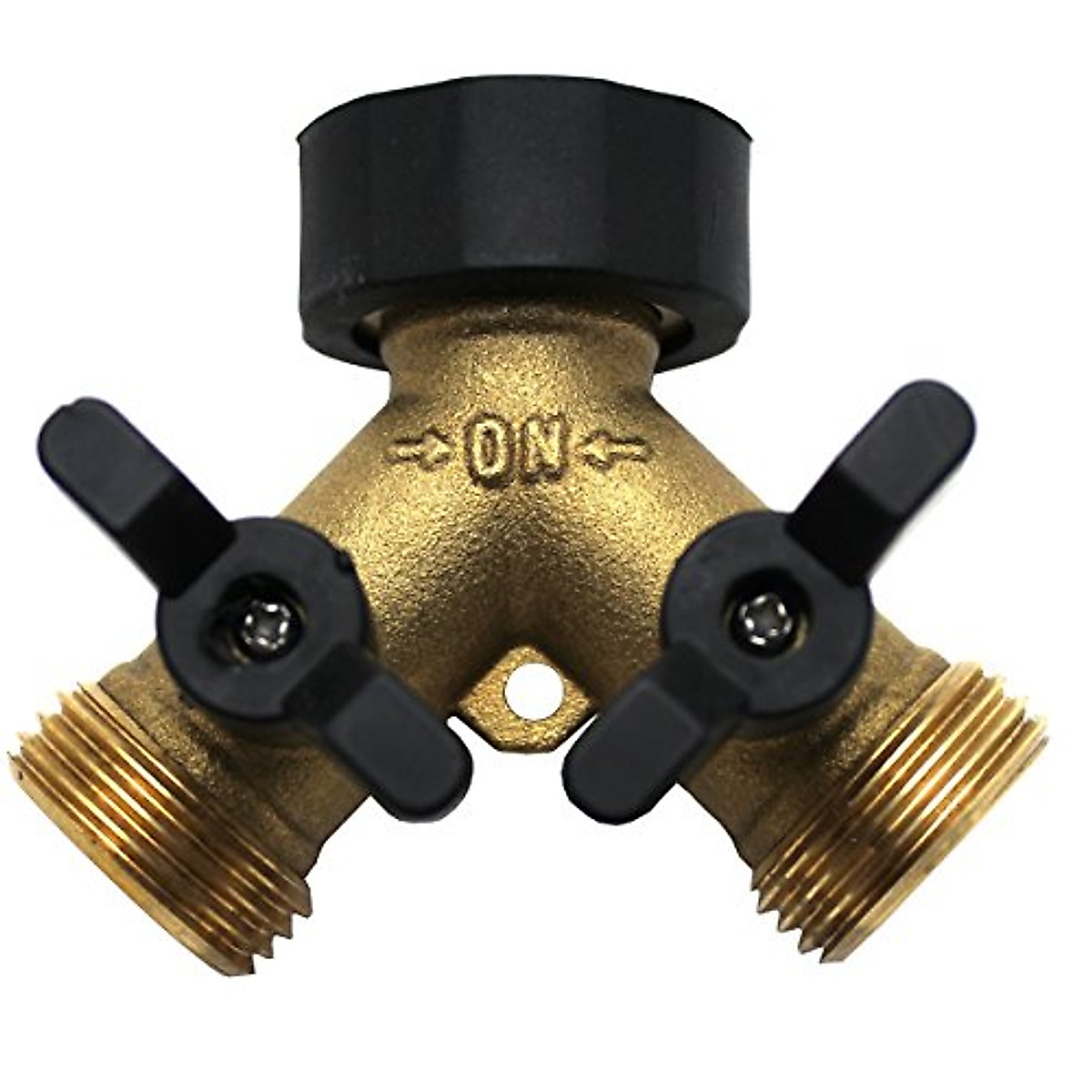 Kasian House Heavy Duty Brass Garden Hose Splitter, Y Valve, 2 Way Connector for Outdoor Faucet, Outside Water Bib Spigot Adapter, Large Comfort Grip Handles, 2 Extra Rubber Washers