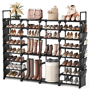 VTRIN Large Shoe Rack Organizer, tall metal rack Holds 62-66 Pairs, 8 Tiers Space Saving Shoe Shelf Storage with Side hanging pockets for Living Room Entryway Garage Black