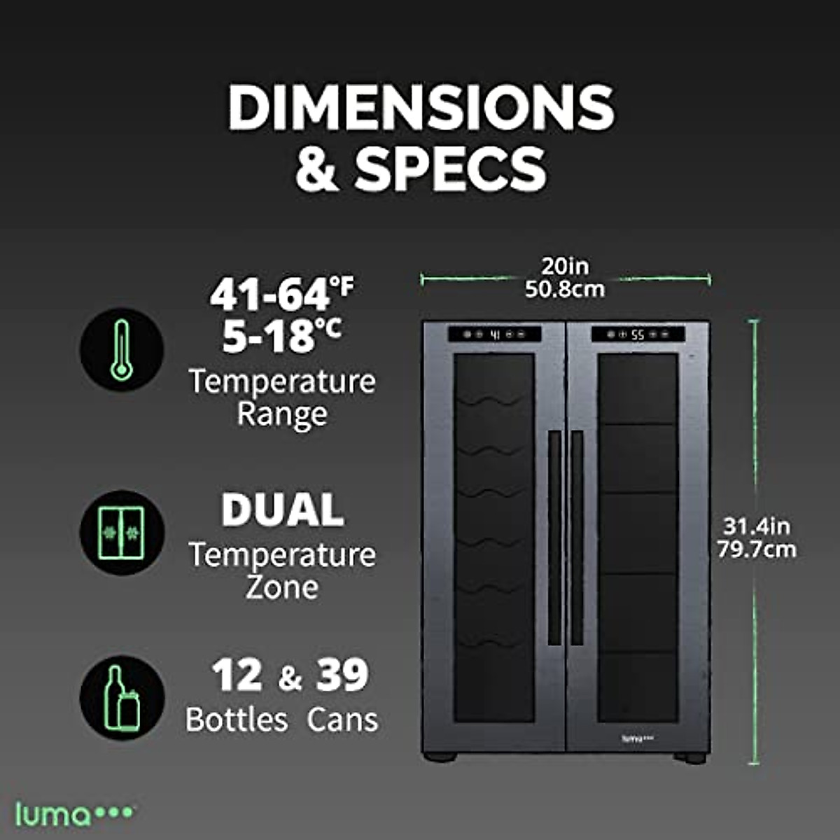 Luma Comfort Shadow Series Wine Cooler Refrigerator 12 Bottle & 39 Can Dual Temperature Zones, Freestanding Mirrored Wine and Beverage Fridge with Double-Layer Tempered Glass Door & Compressor Cooling