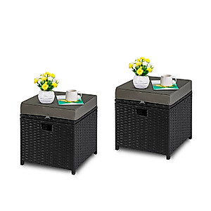 YIYAN 2 Pieces Outdoor Patio Ottomans, PE Rattan Foot Stool with Storage All Weather Outdoor Ottomans Footrest Seat with Removable Cushion(Grey)