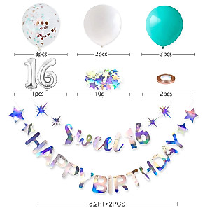 Iridescent Sweet 16 Happy Birthday Banner Garland for Sweet 16 Decorations Hanging Sweet 16 Signs for Girls 16th Birthday Party Decor 16th Happy Birthday Party Sign for Sweet Sixteen Party Supplies