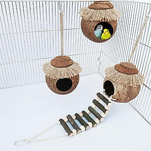 Joayuezo Gecko Coconut Husk Hut Bird Cage Hamster Cage Hanging Natural Coco Shell Hut Hide Toy for Gecko, Reptiles, Amphibians and Small Animals (B)