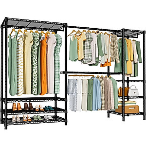 Ulif E11 Heavy-Duty Garment Rack, Metal Freestanding Clothes Rack and Closet Storage Organizer System with 8 Shelves and 4 Hanger Rods, (73.2 - 97.6)"W x 14.5"D x 71.2"H, Load 962 LBS, Black