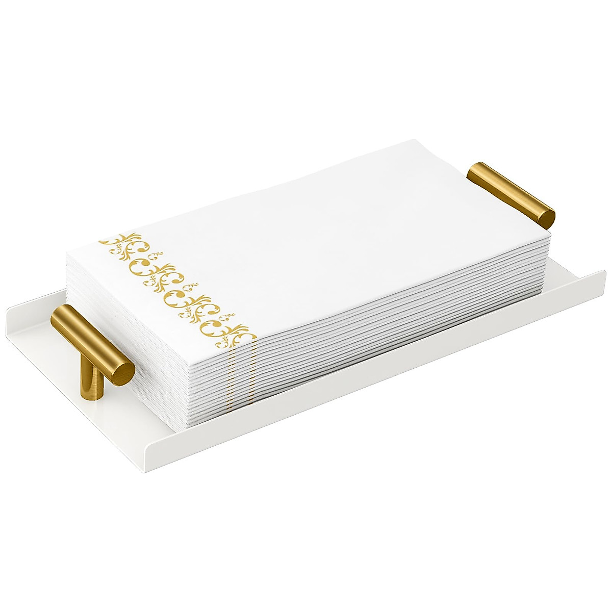 STWWO Napkin Holder for Bathroom, Guest Towel Holder Tray for Bathroom, White Guest Napkin Holders with Golden T-Handle, Disposable Hand Towel Tray for Guest Room, Table, Kitchen