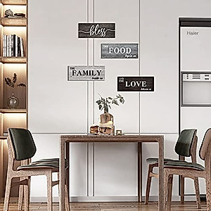 Creoate 4 Pieces Bless Food Family Love Signs for Kitchen Wall Decor Plaque, Home Farmhouse Rustic Decor, Wood Wall Hanging Decorations for Dining Room Kitchen, Christmas Gift for Home, Small (4 x 10 IN X4)