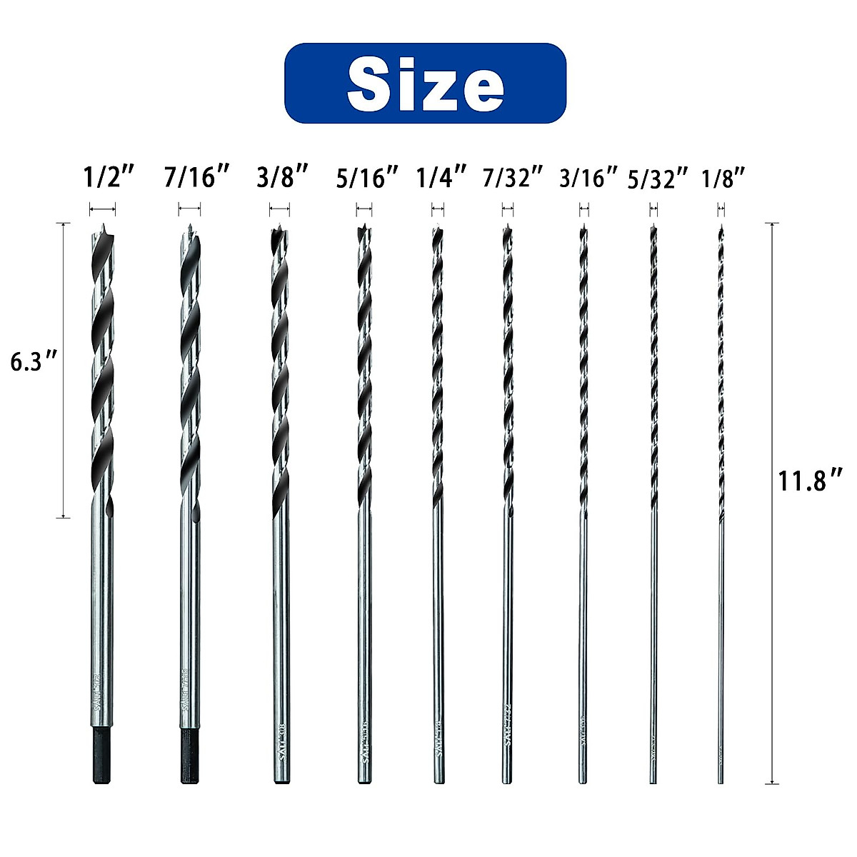 Sali 13PCS Brad Point Wood Drill Bit Set Carbon Steel Wood Drill Bit Set for Hardwood, Plywood, Plastic Round Holes in All Types of Wood Extra Long 11 Inch