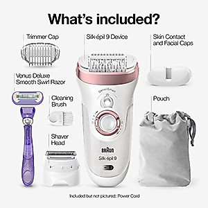 Braun Epilator Silk-épil 9 9-870, Facial Hair Removal for Women, Hair Removal Device, Wet & Dry, Women Shaver & Trimmer, Cordless, Rechargeable, with Venus Extra Smooth Razor