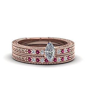 JewelryGift Antique Design Pave Engagement Rings rose gold plated Created Pink Sapphire Marquise shape Pink color Milgrain Engagement Rings pave Setting in Size 12 Fashion Jewelry
