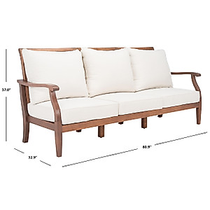 SAFAVIEH Couture Home Collection Payden Natural Wood/Beige Cushion 3-Seat Outdoor Patio Sunroom Porch Backyard Veranda Sofa
